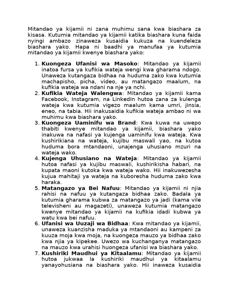 Mitandao Ya Kijamii Ni Zana Muhimu Sana Kwa Biashara Za Kisasa | PDF