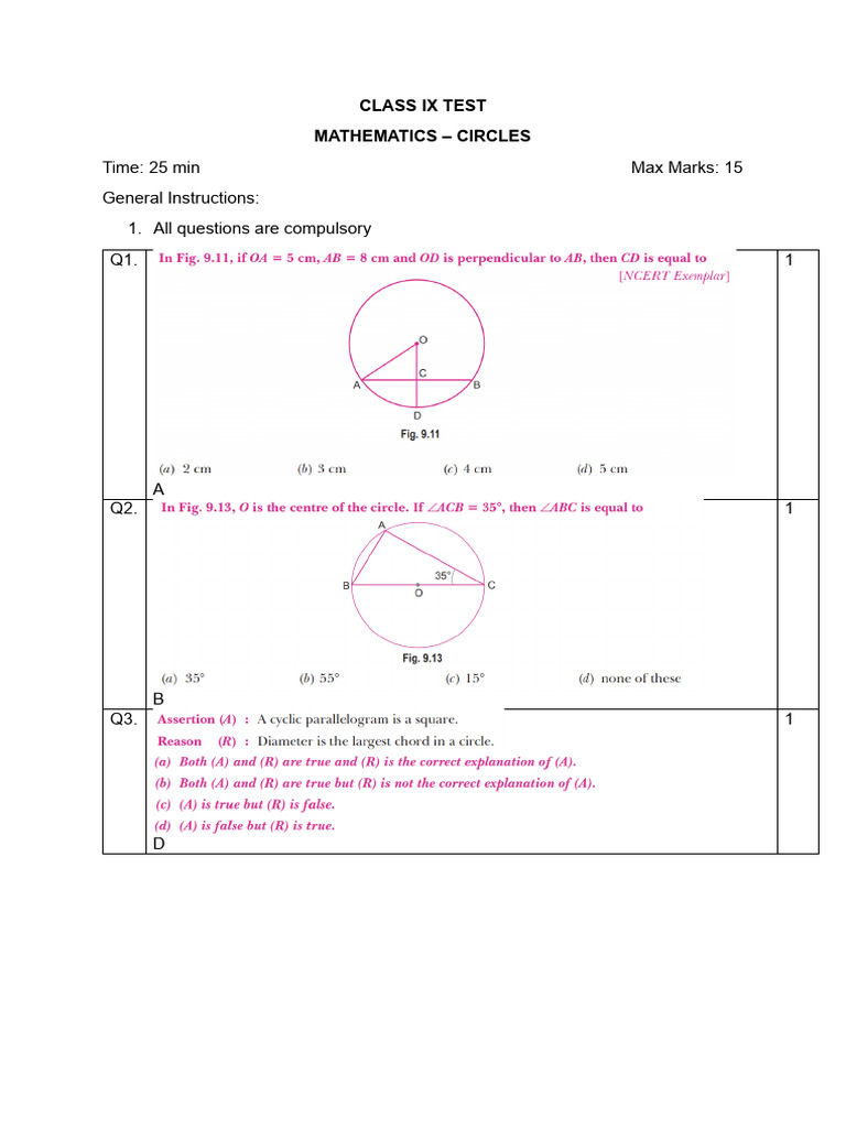 IX Test Circles Marking Scheme | PDF