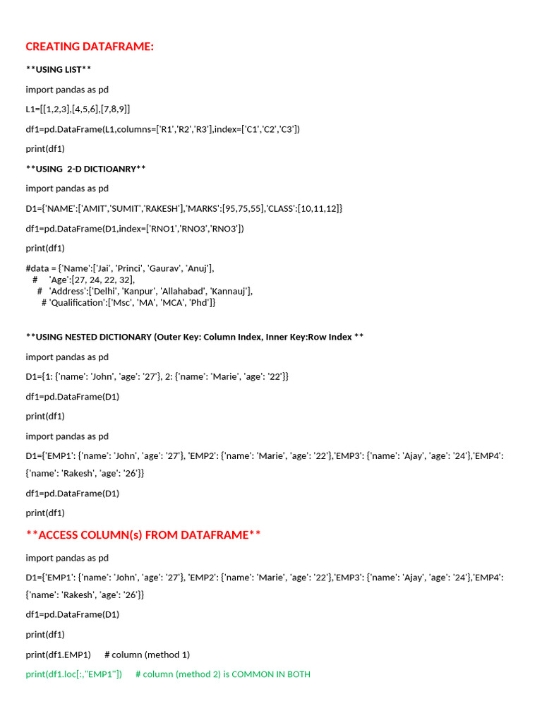 Dataframe Creation & Manipulation | PDF