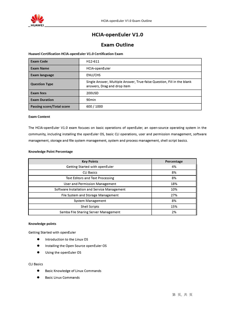 HCIA-openEuler V1.0 Exam Outline | PDF | Shell (Computing) | Linux