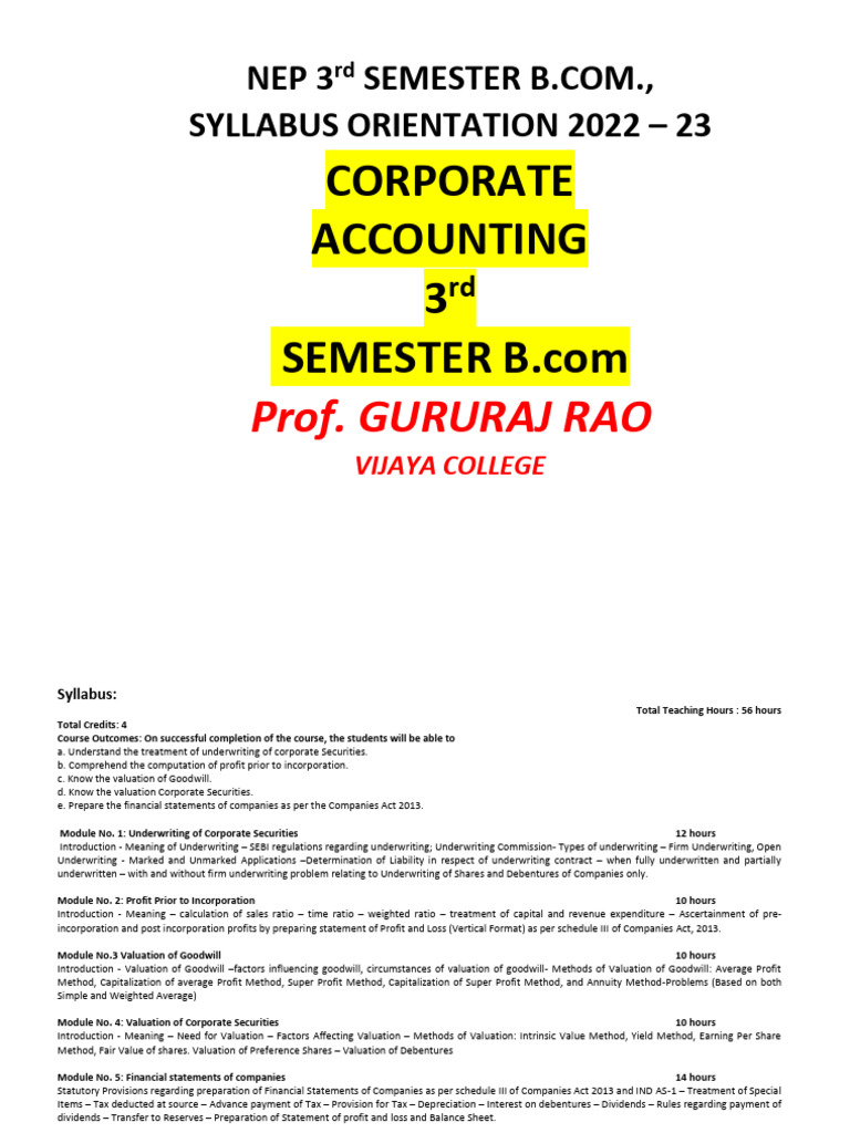 NEP 3rd SEMESTER CORPORATE ACCOUNTING | PDF | Valuation (Finance) | Income Statement