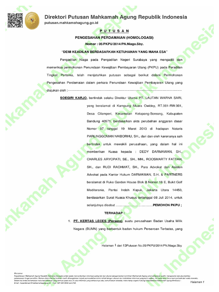 Putusan Nomor 05 - PDT - Sus - Pkpu - 2014 - PN - Niaga.sby | PDF