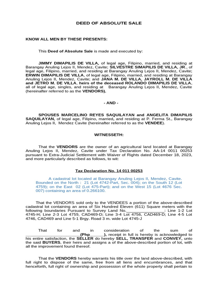 DEED OF ABSOLUTE SALE Template | PDF | Justice | Environmental Law