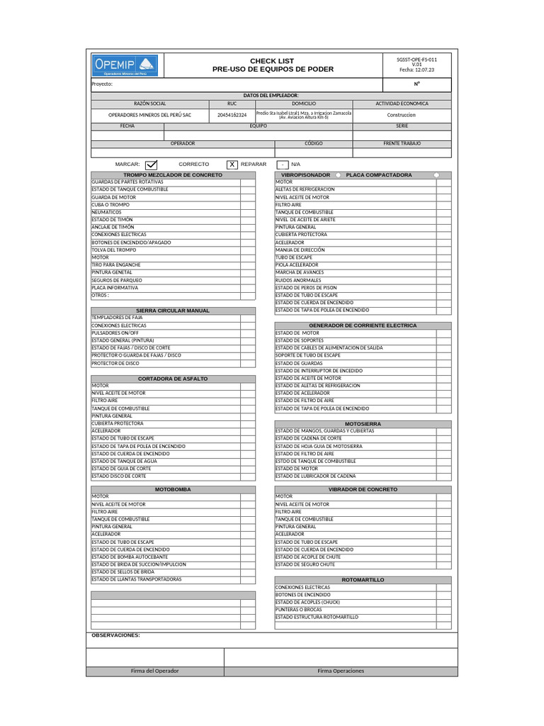 SGSST OPE FS 011 Check List Pre Uso de Equipos de Poder V 01 | PDF ...