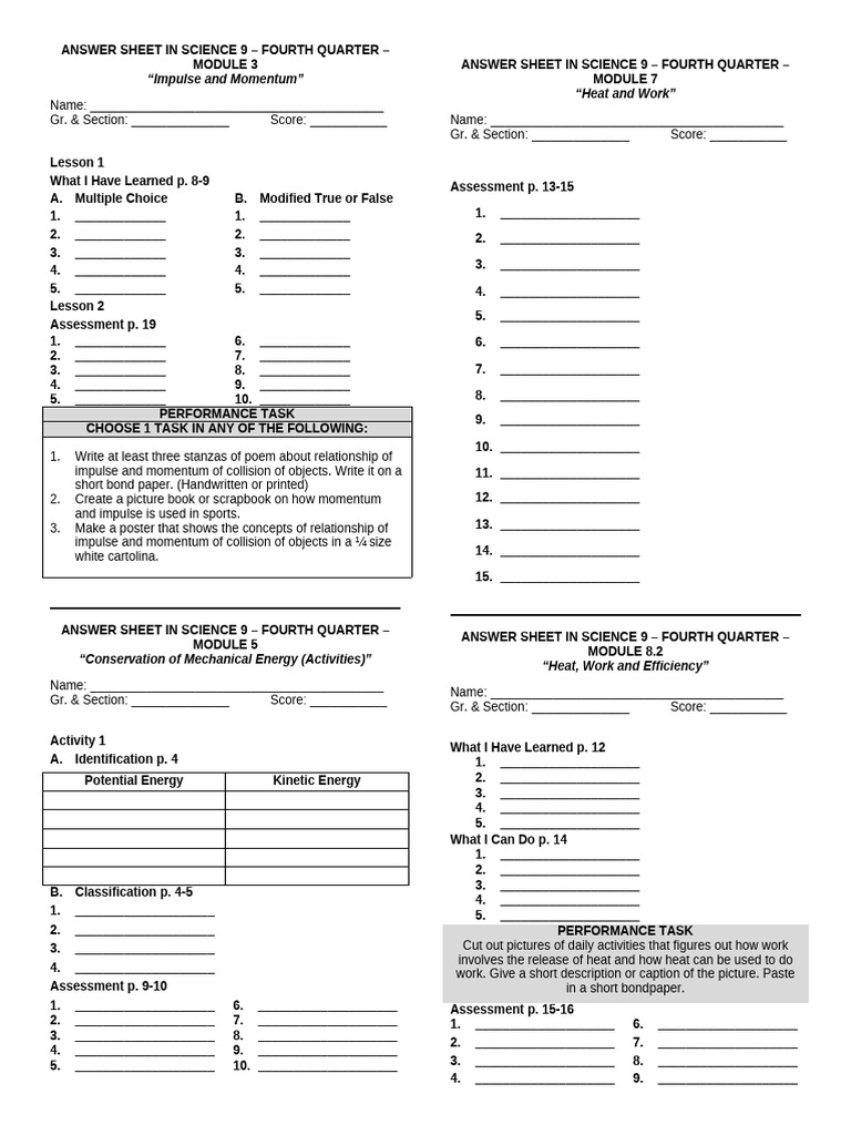 Answer Sheets | PDF | Momentum | Applied And Interdisciplinary Physics