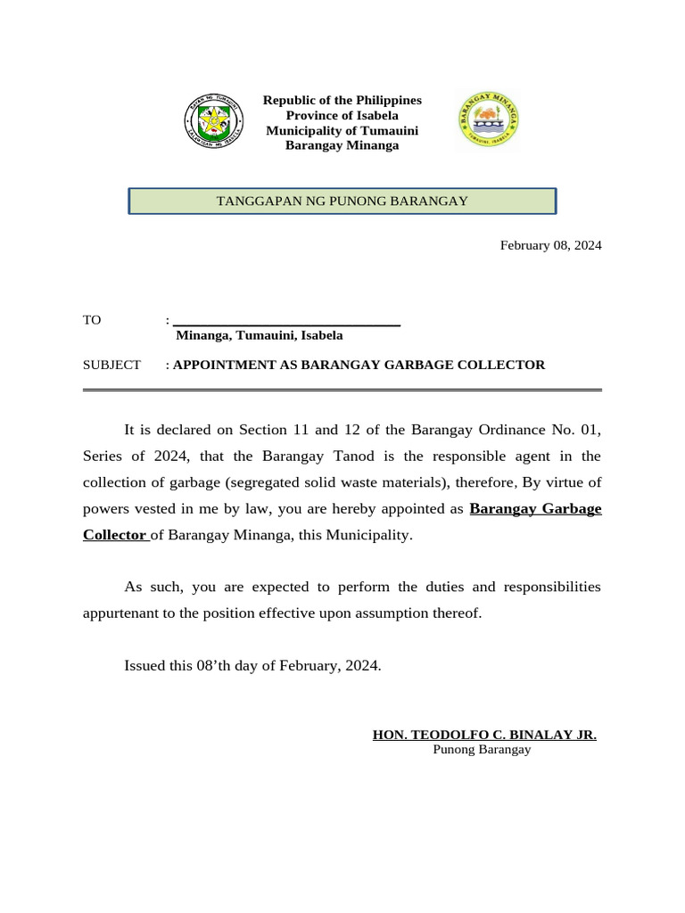 appointment letter - garbage collector | PDF