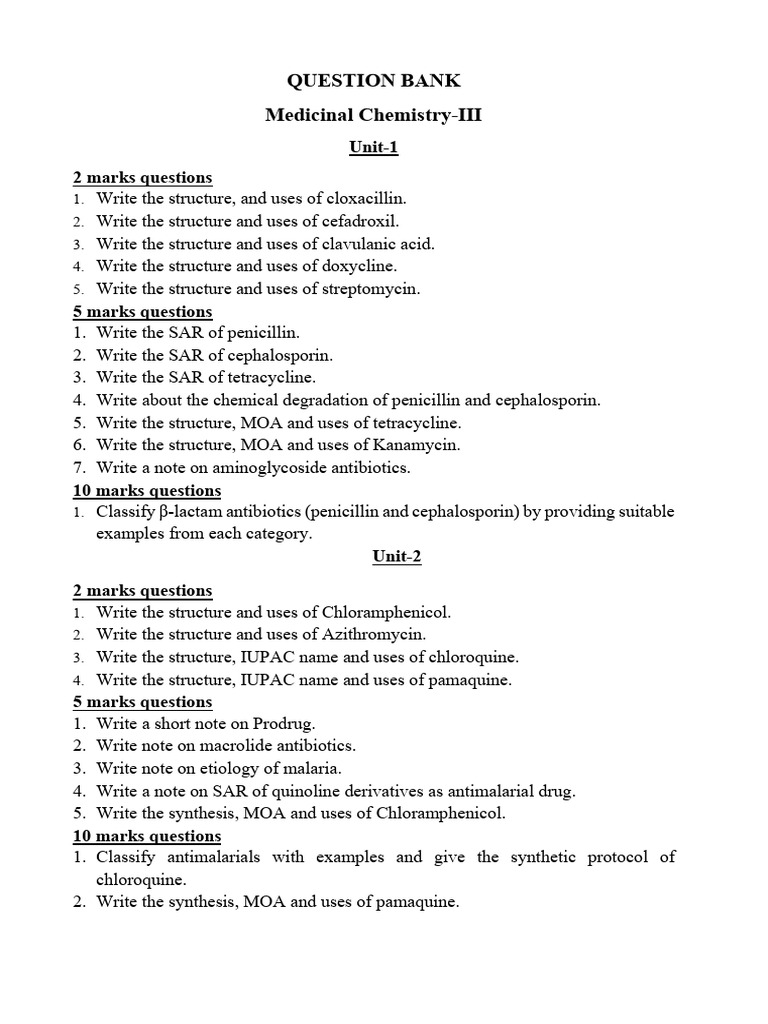 Question Bank Medicinal Chemistry-III | PDF | Quantitative Structure ...