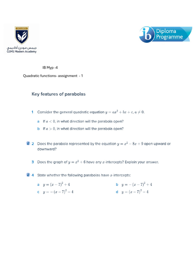 IB_Myp-_4_Quadratic_functions_assignment__1_ (1) | PDF