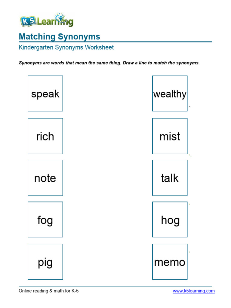 Kindergarten Matching Draw Line Synonyms 2 | PDF