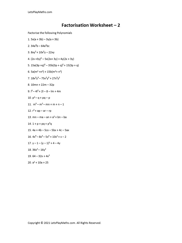 Class 8 Factorisation Worksheet 2 | PDF