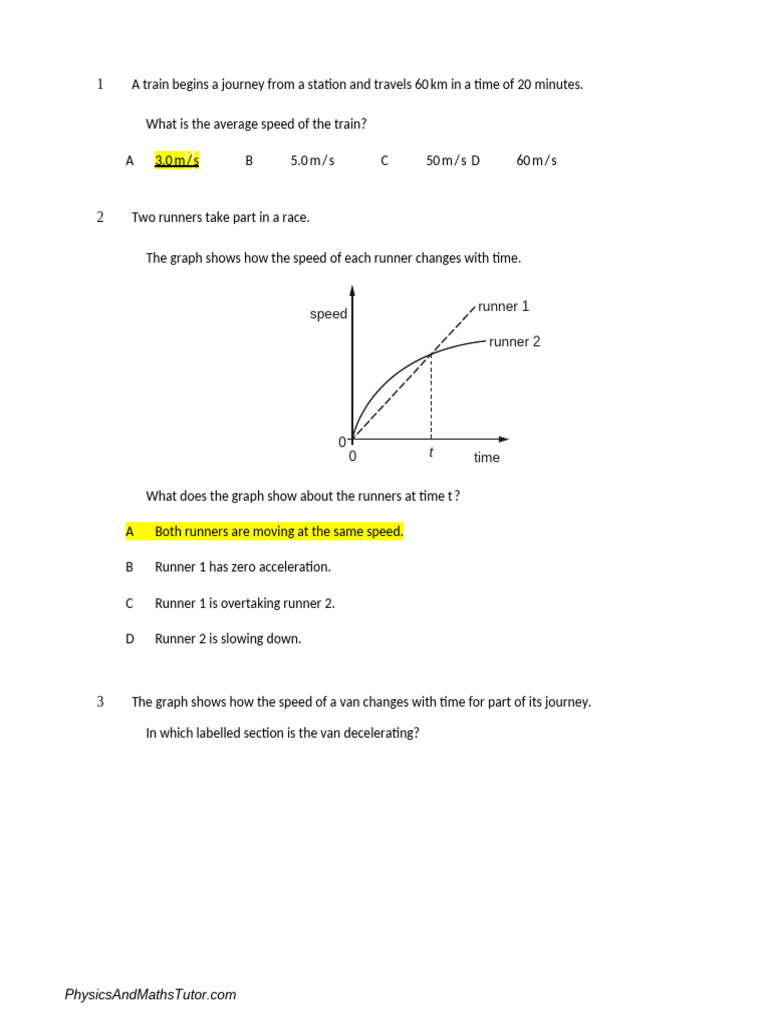 Motion Multiple Choice Qp Pdf Speed Acceleration
