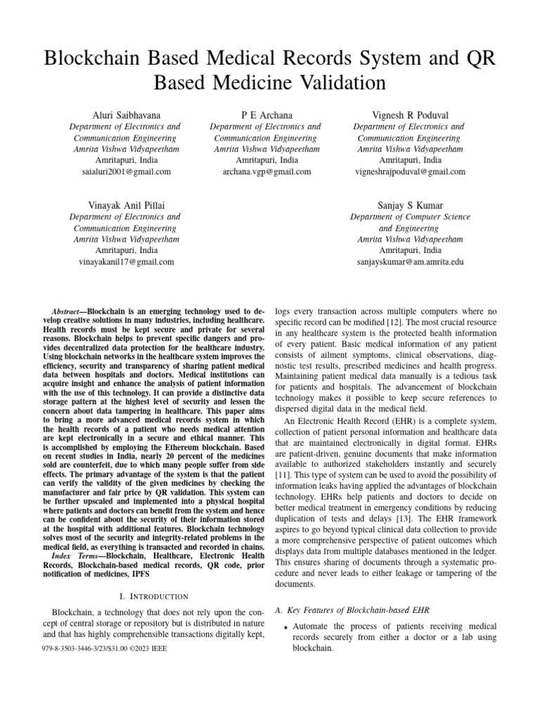 Blockchain Based Medical Records System and QR | PDF | Electronic ...