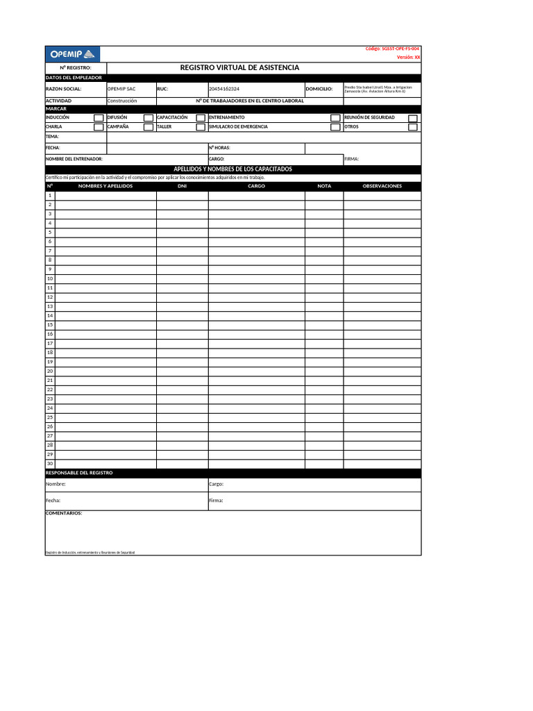 Registro de Capacitación SGSST OPEMIP | PDF