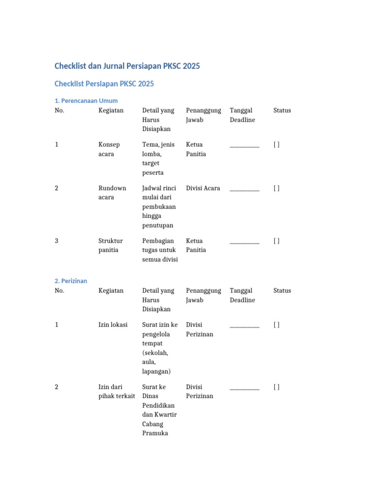 Checklist Jurnal Persiapan PKSC 2025 | PDF