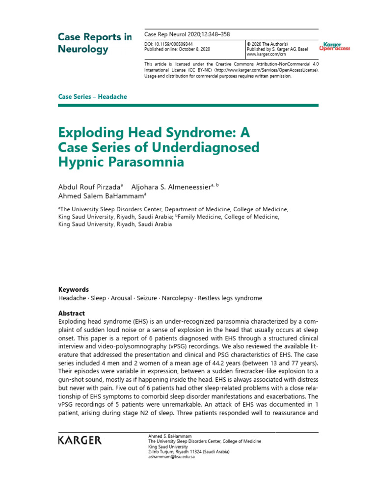 2020 Exploding Head Syndrome a Case Series of Underdiagnosed Hypnic ...