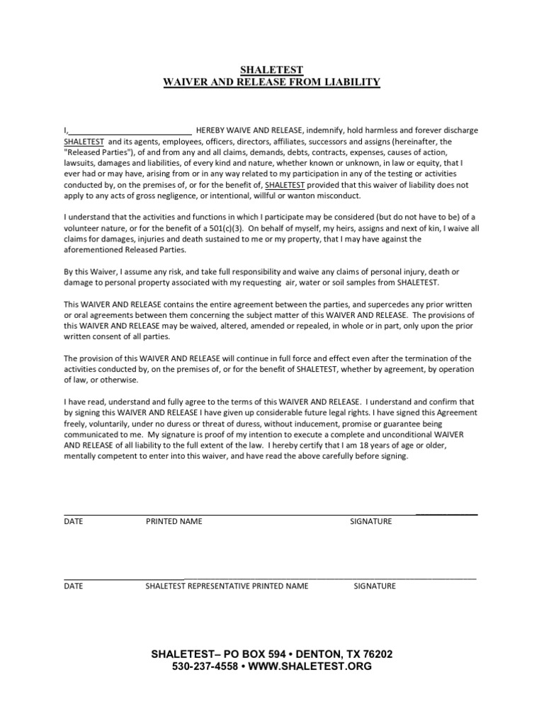 Waiver of Liability Sample Agreement | PDF