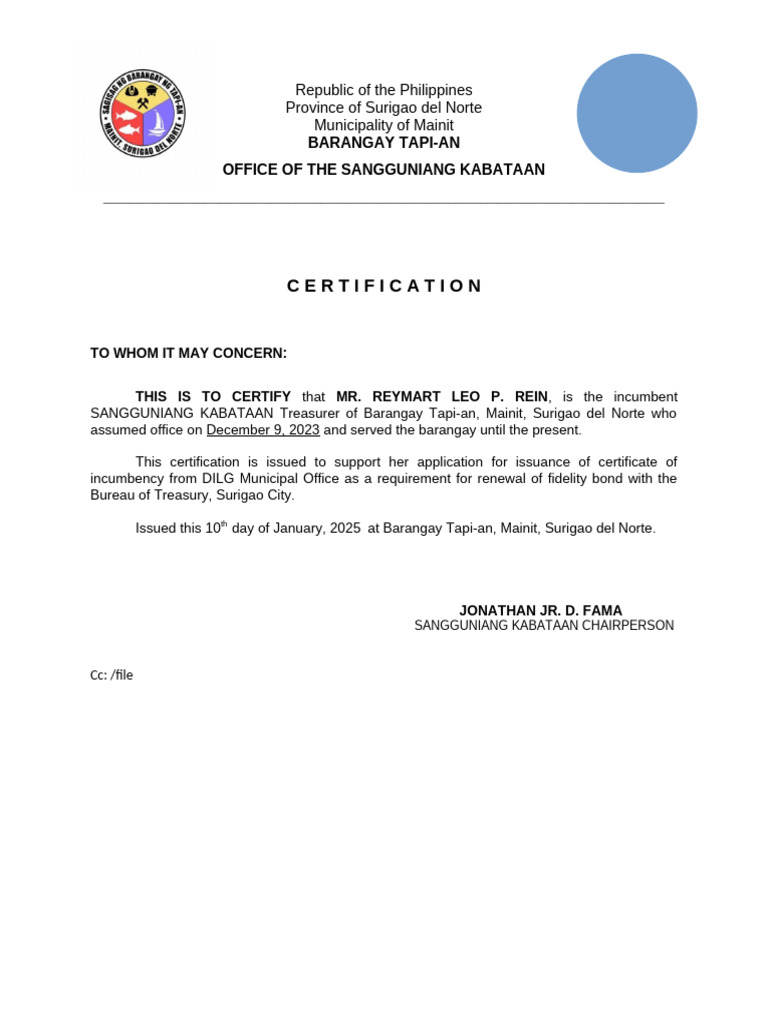 Certification For Incumbency Issued by PB & Letter Request For Issuance ...