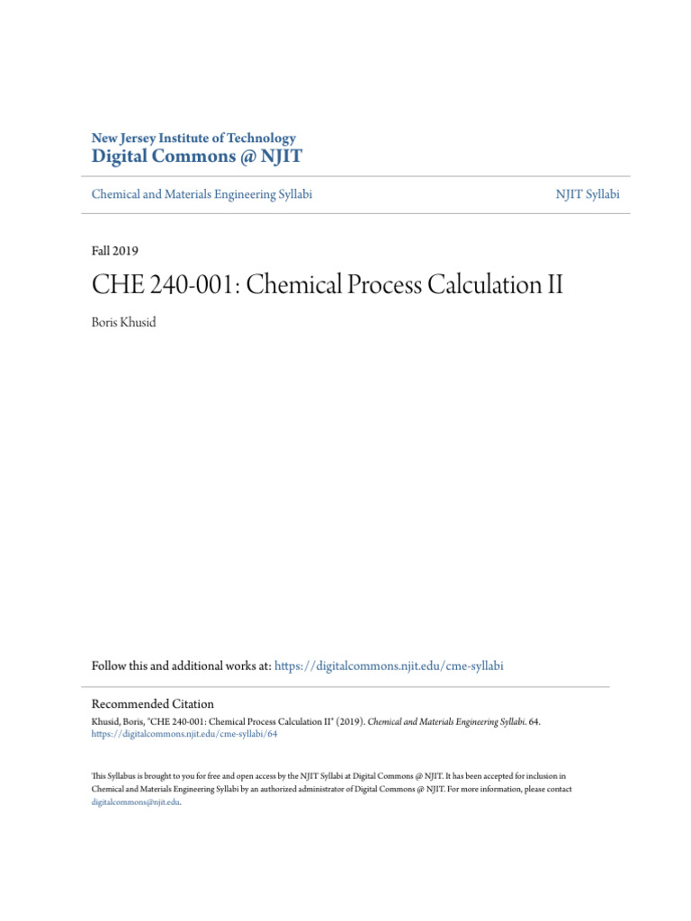 CHE 240-001 - Chemical Process Calculation II | PDF | Chemistry | Homework