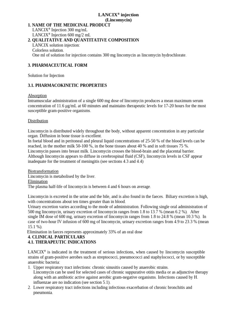 Lincomycin - LANCIX (Pakistan) 2 | PDF | Intravenous Therapy | Infection