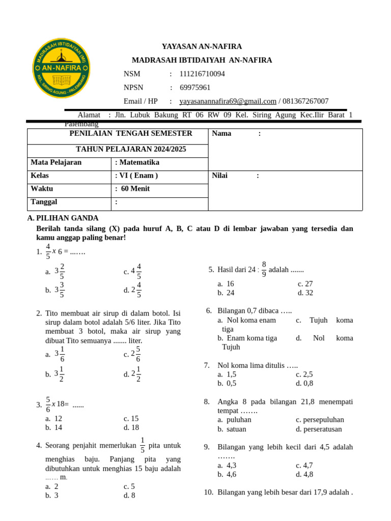 Soal Pts Kelas Vi | PDF