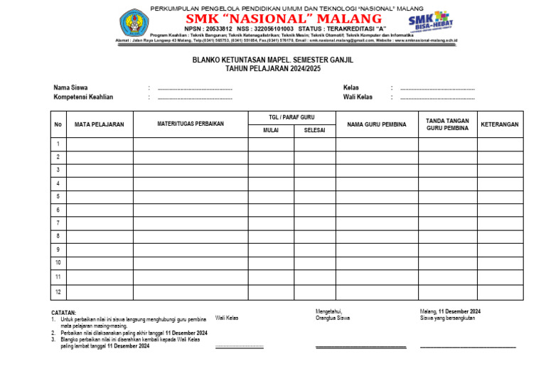 Blanko Perbaikan Nilai SMK Nasional Malang | PDF