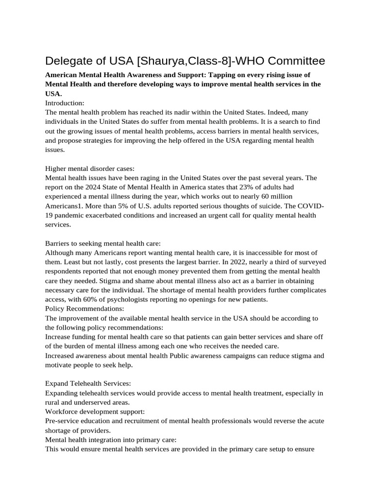 Delegate of USA-Shaurya Class 8 | PDF | Mental Health | Mental Disorder