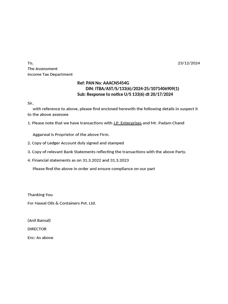 JP Enterprises Letter | PDF