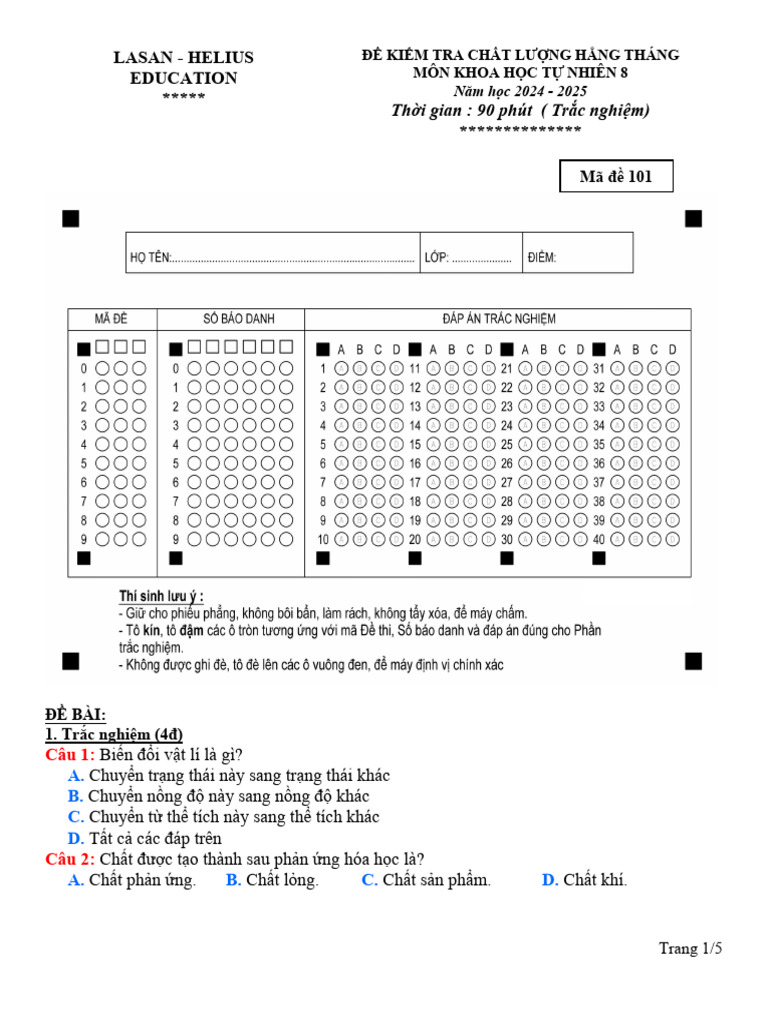 de kiem tra KHTN 8 thang 6 | PDF