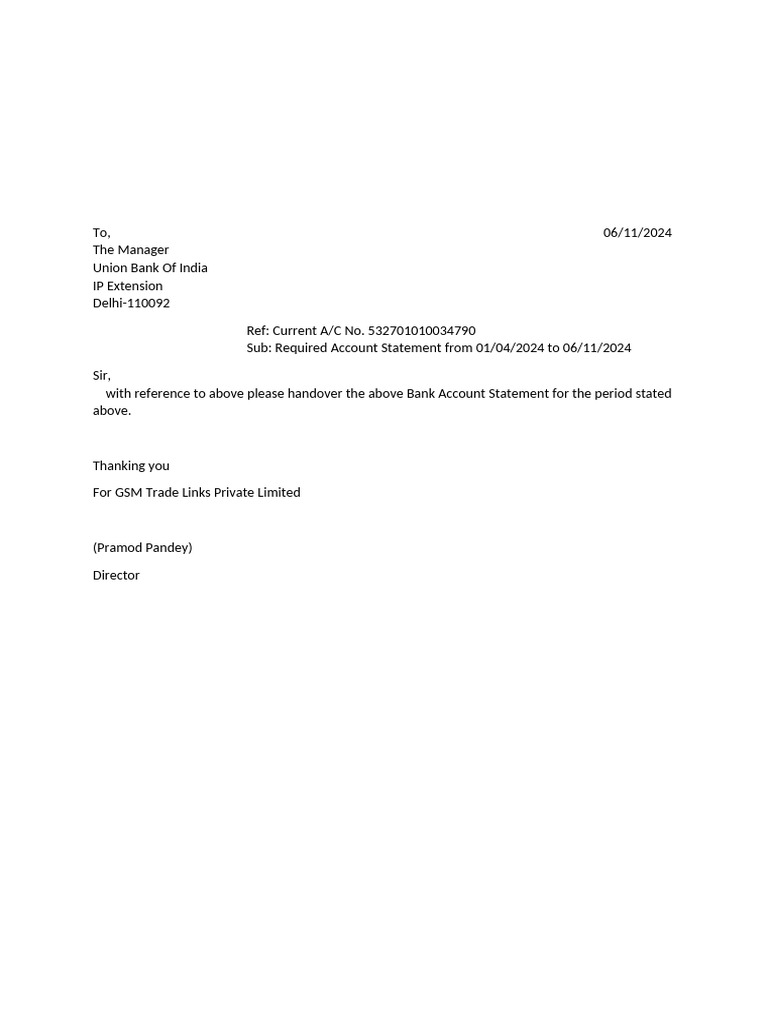 Union GSM Bank Statement Letter | PDF
