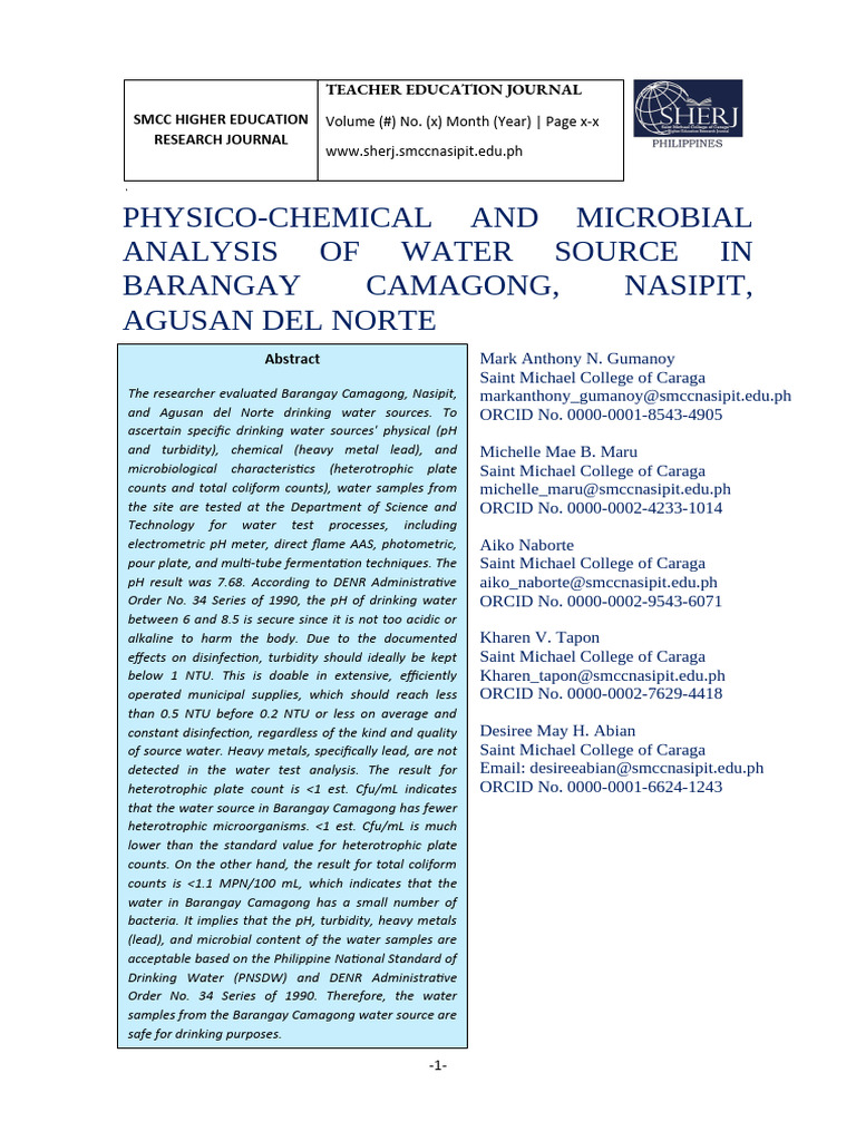 MD - Physico-Chemical and Microbial Analysis of Water Source in Barangay Camagong, Nasipit ...