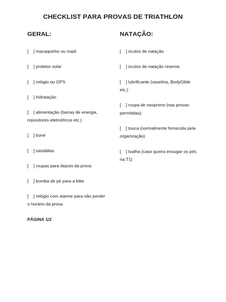 Checklist Triathlon | PDF