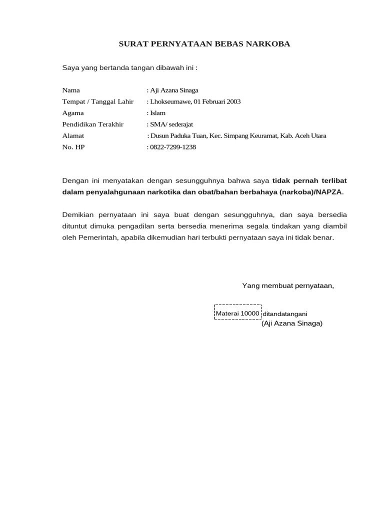 SURAT PERNYATAAN BEBAS NARKOBA Azi | PDF