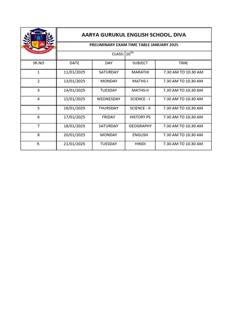 Preliminary Exam Time Table | PDF