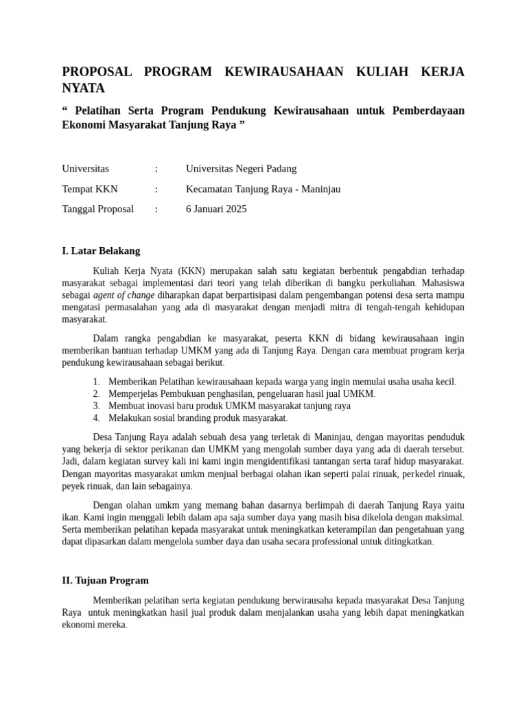 Proker Kewirausahaan KKN 2025 Tanjung Raya | PDF