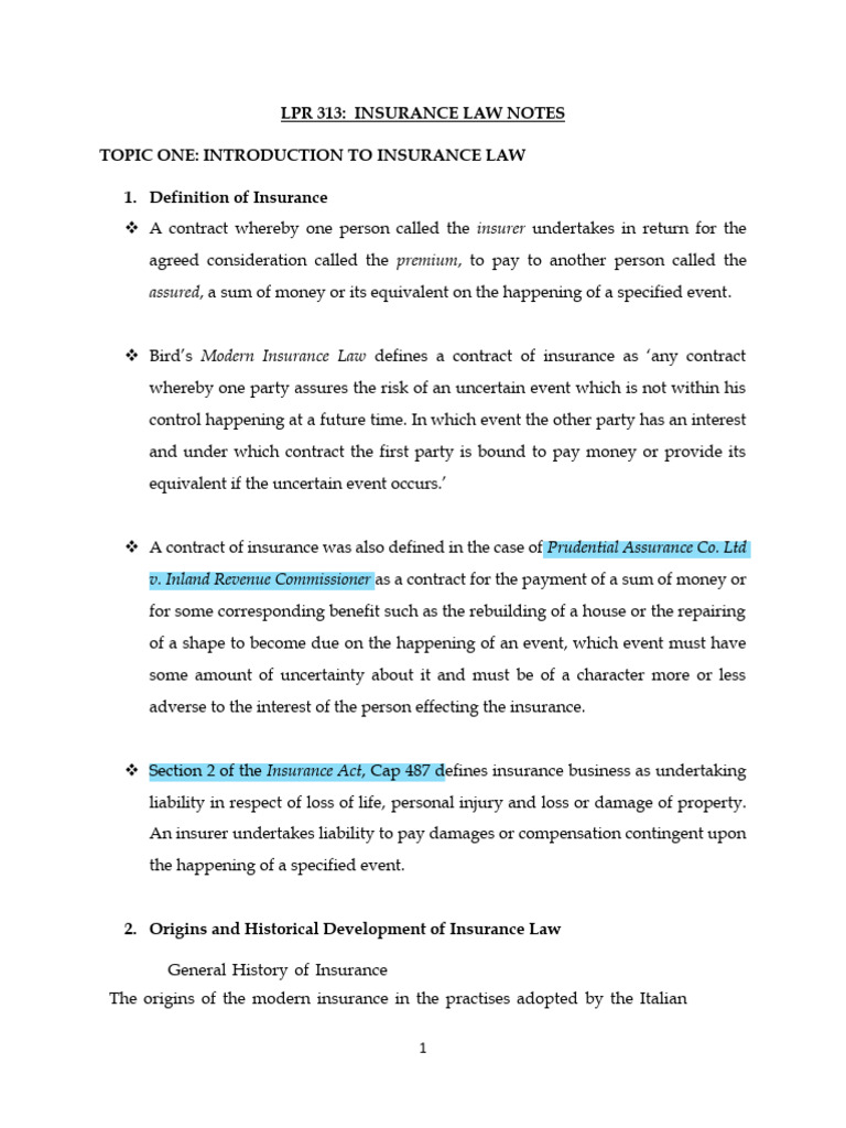 Lpr 313- Insurance Law Notes-embu University School of Law-1 | PDF ...