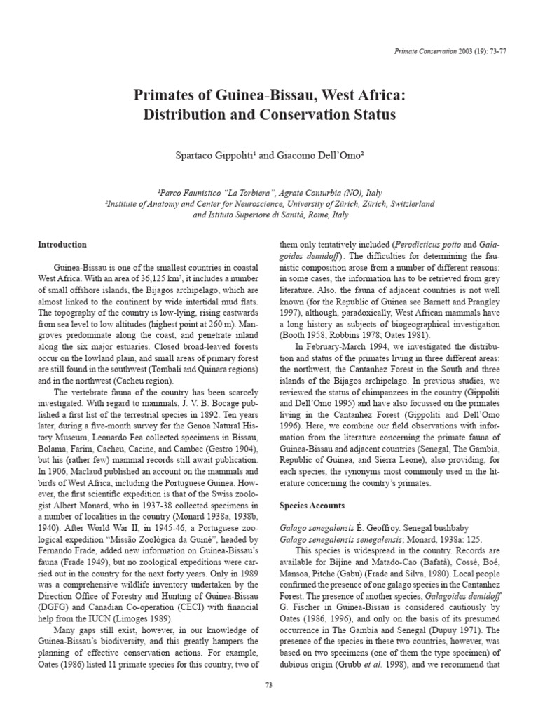Primate Distribution in Guinea-Bissau | PDF | Mammals Of Africa