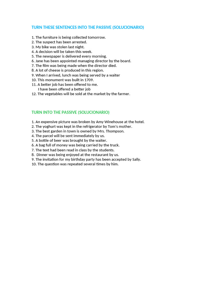 Passive Voice (Exerc) (Soluc) (Only Into Pasive) | PDF