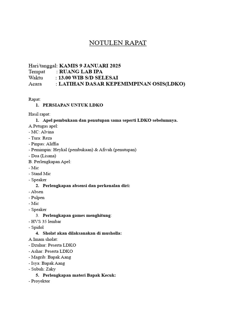 Persiapan LDKO OSIS 2025: Notulen Rapat | PDF