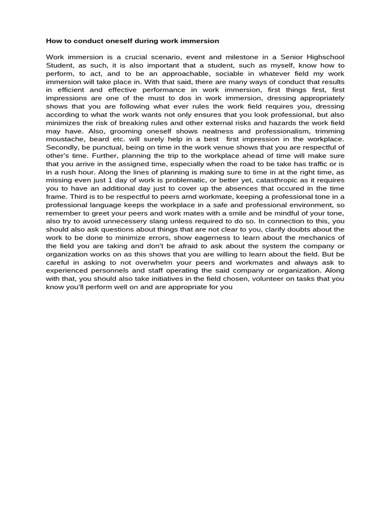 How To Conduct Oneself During Work Immersion | PDF