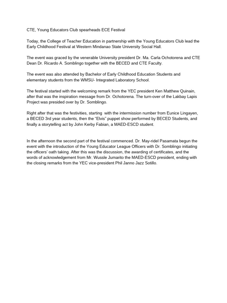 CTE, Young Educators Club Spearheads ECE Festival | PDF
