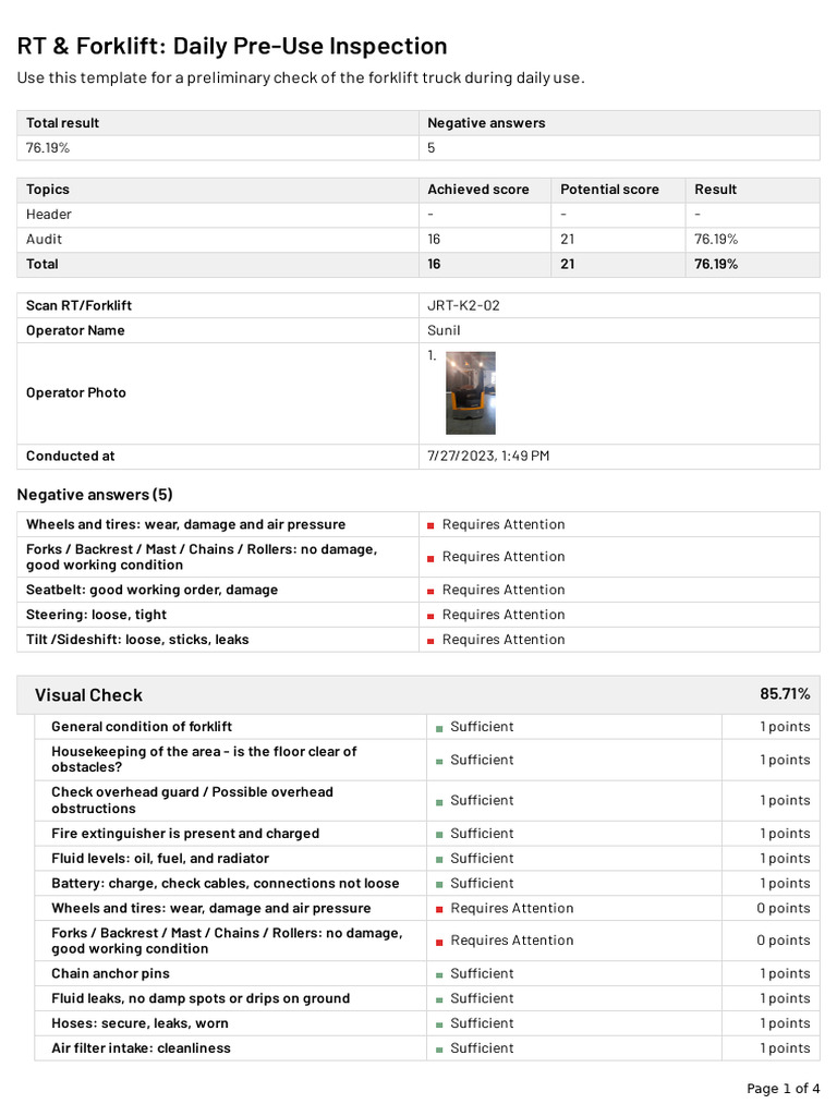 RT Forklift Daily Pre-Use Inspection | PDF | Forklift | Mechanical ...