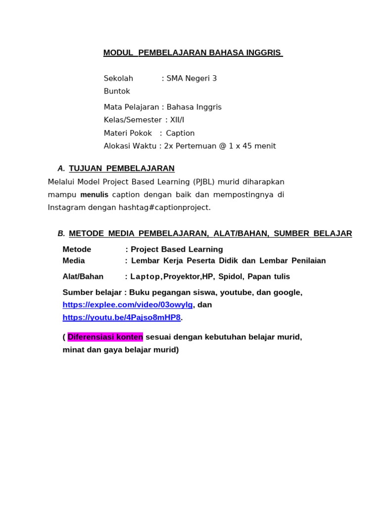 MODUL AJAR BAHASA INGGRIS CAPTION XII | PDF