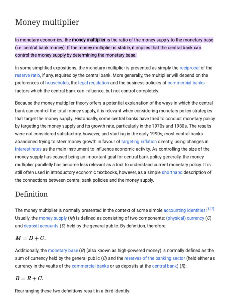 Money Multiplier - Wikipedia | PDF | Money Supply | Money