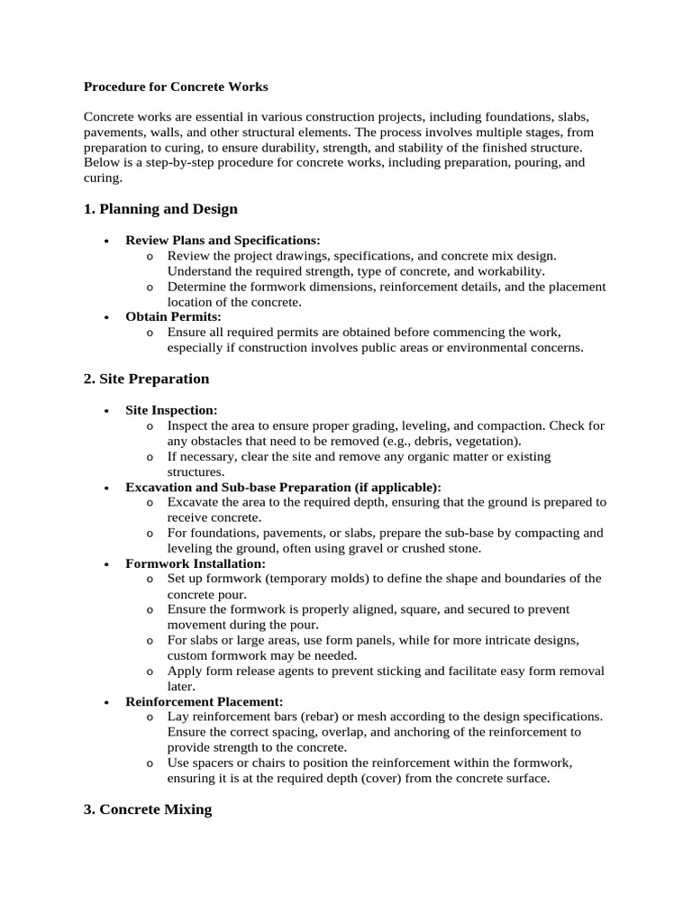 Concrete Work Procedure Steps | PDF | Concrete | Civil Engineering