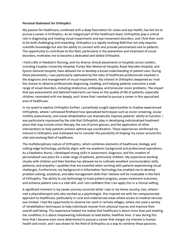 Personal Statement For Orthoptics | PDF | Health Care | Physical Therapy