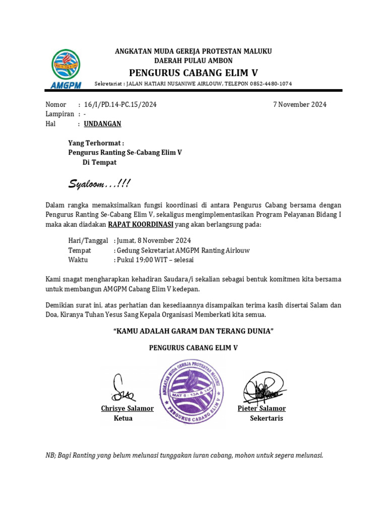 Surat 16, Undangan Rakor Se-Cabang Elim V | PDF