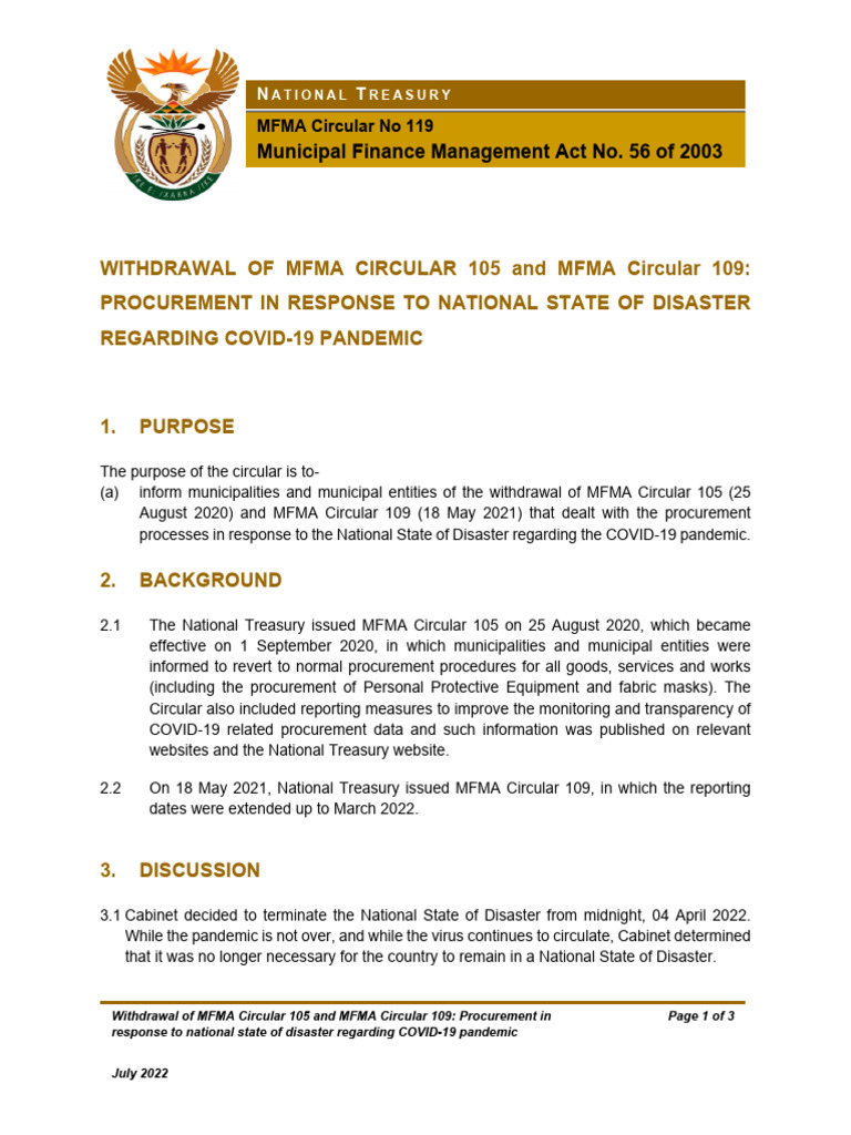 MFMA Circular 119 - Withdrawal of Circular 105 and 109 - Emergency ...