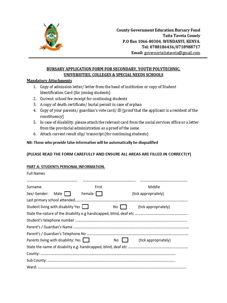 Taita Taveta Bursary Application Form | PDF