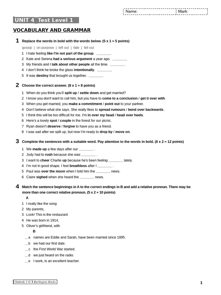 Love and Dating Vocabulary Test | PDF