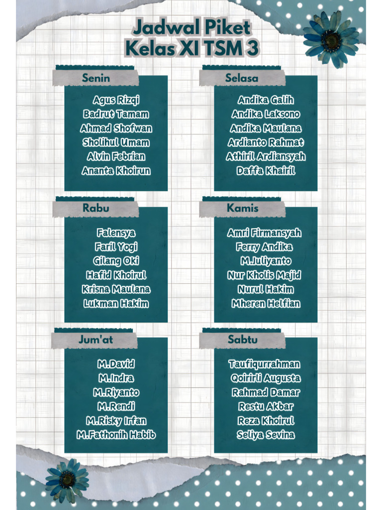 Jadwal Piket Kelas IX TSM3 | PDF